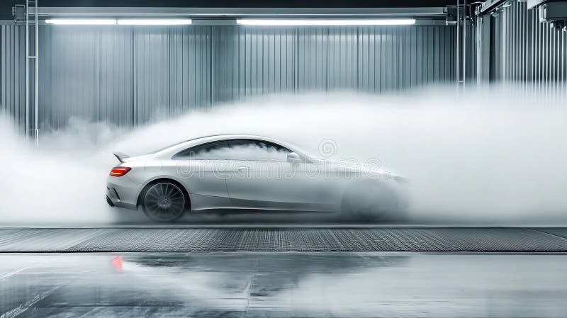 Sleek Silver Sport Car Surrounded by Dramatic Fog in Modern Garage ...