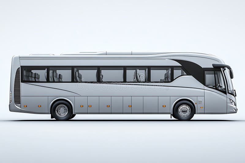 Modern Tour Bus in Silver Livery, Side View, Detailed Interior, Studio ...