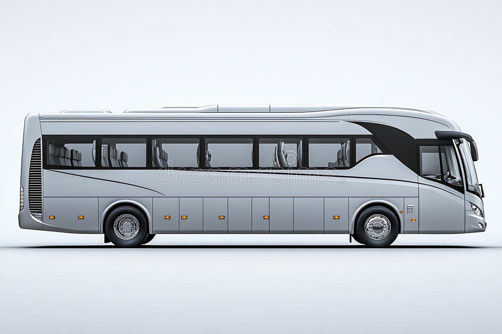 Modern Tour Bus in Silver Livery, Side View, Detailed Interior, Studio ...