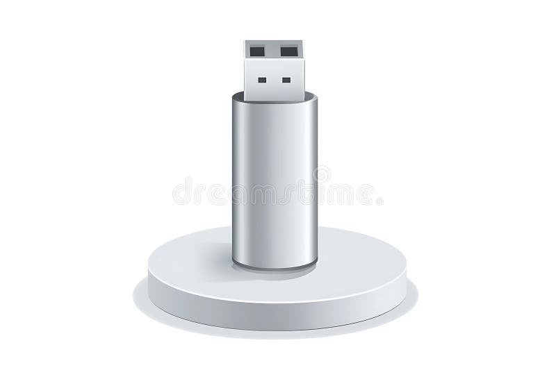 Sleek Silver USB Flash Drive Mockup on White Circular Base, 3D Render ...