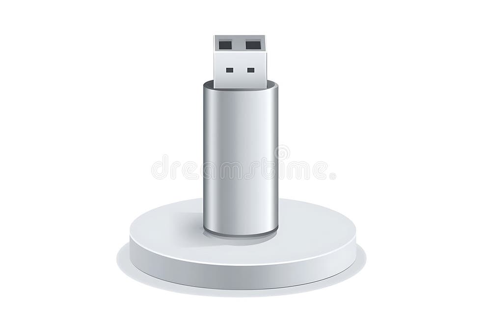 Sleek Silver USB Flash Drive Mockup on White Circular Base, 3D Render ...