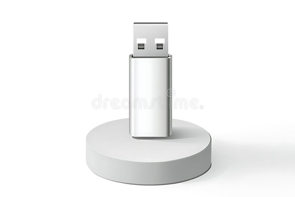 Sleek Silver USB Flash Drive Mockup on White Circular Stand Stock ...