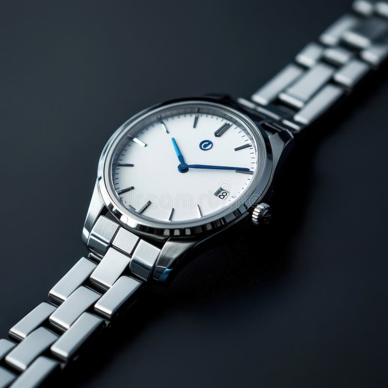 A Sleek Silver Watch with a White Face and Blue Hands, Showcasing ...