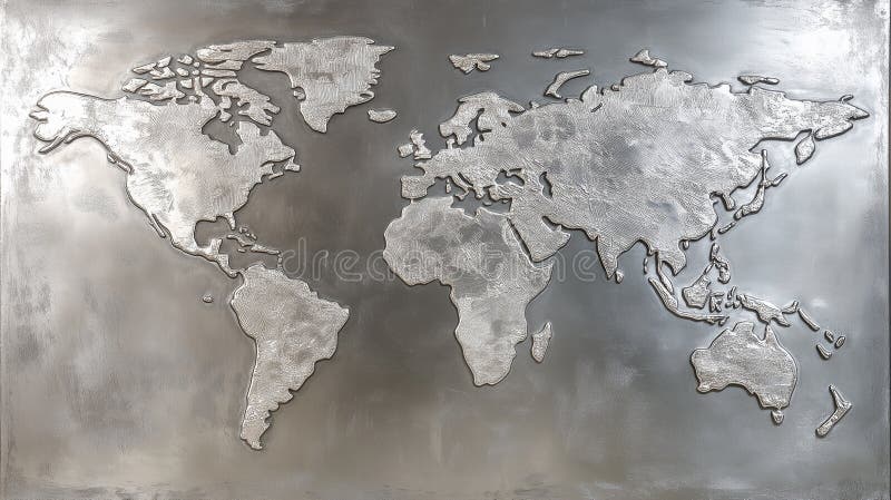 Sleek Silver World Map Showcasing Continents and Oceans with a Modern ...