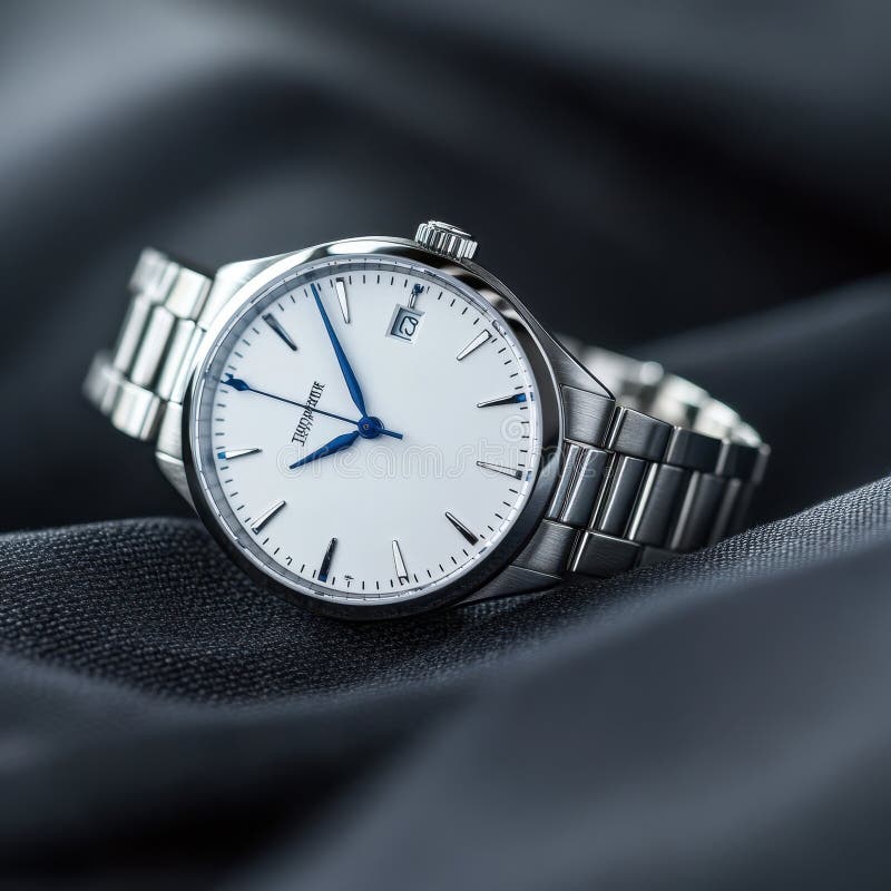 A Sleek Silver Wristwatch with a White Face and Blue Hands, Resting on ...