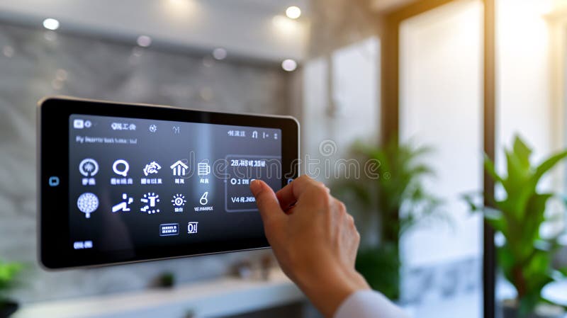 A Sleek Smart Home Control Panel, Fingers Adjusting Settings with a ...