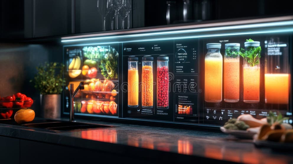 Sleek Smart Kitchen with Digital Food Display and Inventory Stock ...