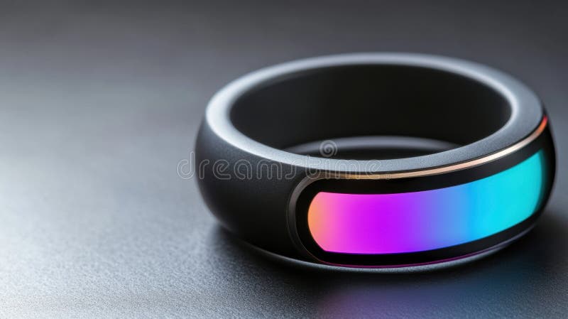 Sleek Smart Ring with a Vibrant, Multicolored LED Display on a Smooth ...