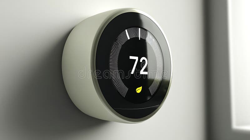 Sleek Smart Thermostat with Glowing UI Mounted on White Wall Stock ...