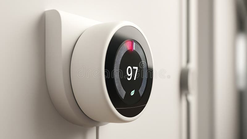 Sleek Smart Thermostat with Glowing UI Mounted on White Wall Stock ...