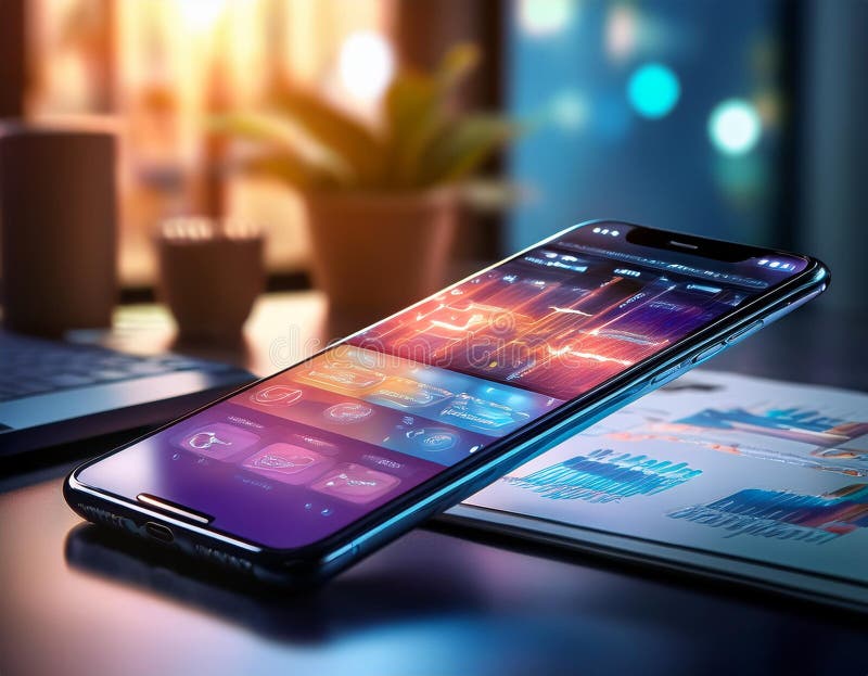 Sleek Smartphone Displaying Vibrant App Interface on a Modern Desk with ...