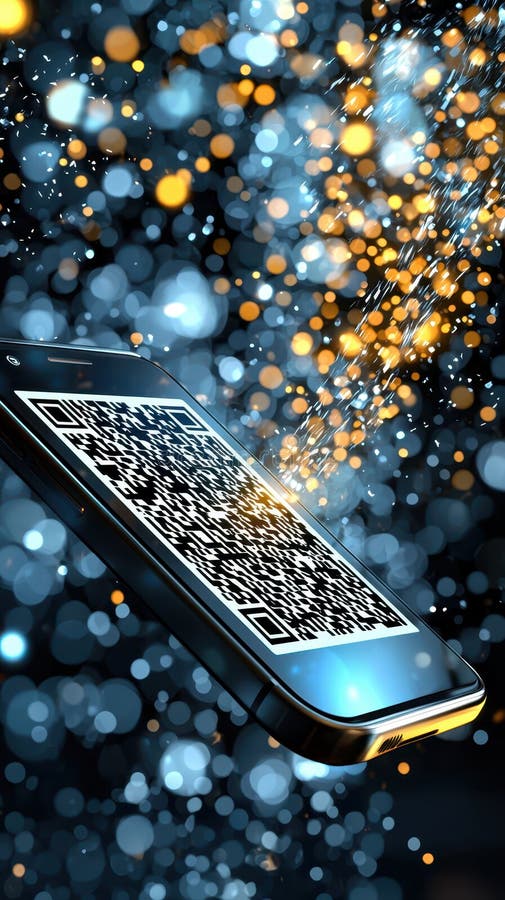Futuristic Smartphone Displaying QR Code with Sparkling Blue and Gold ...
