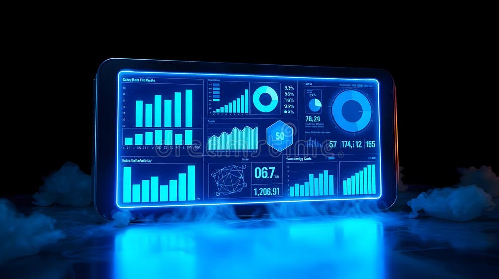 Futuristic Smartphone Displaying Data Analytics & Financial Charts - Neon Blue 3D Rendered Stock ...