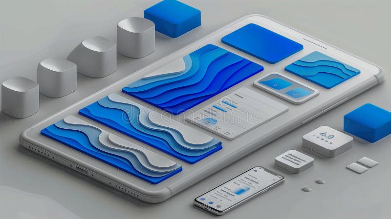 Modern Smartphone Interface with 3D Blue and White App Elements Stock ...