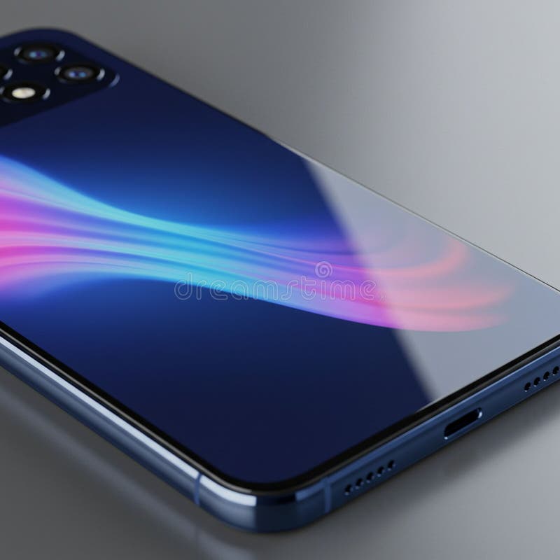 A Sleek Smartphone with a Metallic Blue Frame is Shown on a Reflective ...