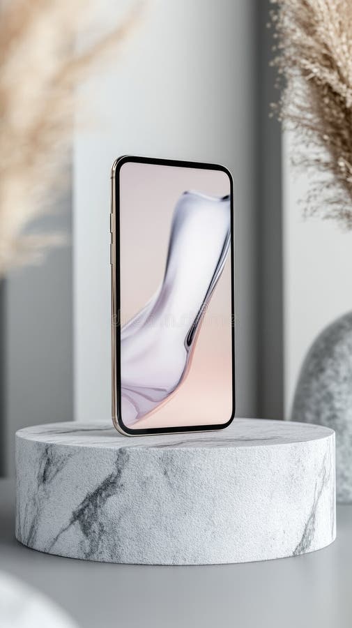A Sleek Smartphone is Positioned Upright on a Round Marble Base ...