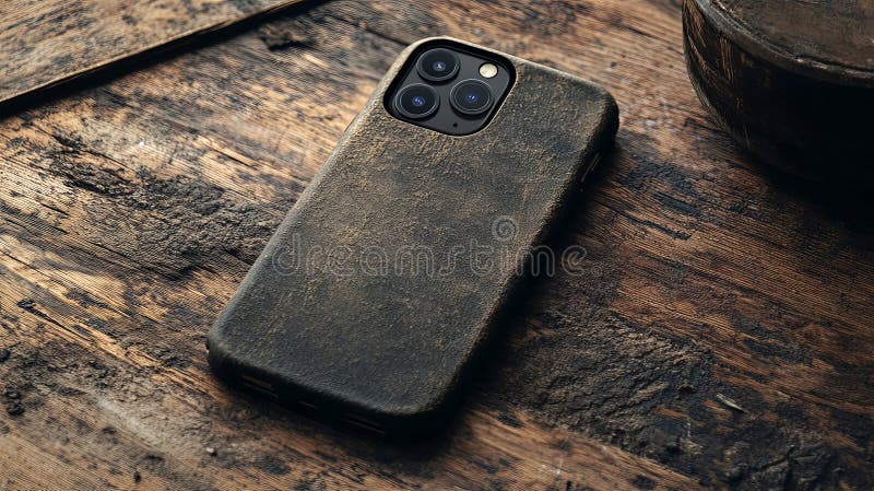 Sleek Smartphone with a Rugged Leather Case Resting on Rustic Wood ...