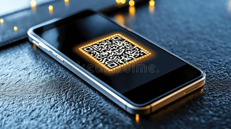 Modern Smartphone Displaying Glowing QR Code on Black Textured Surface ...