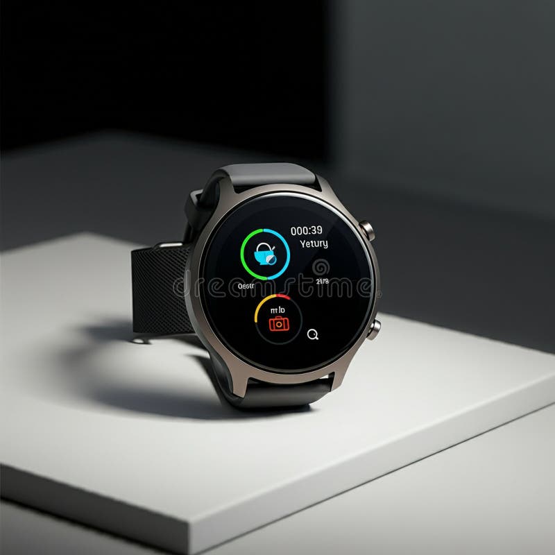 A Sleek Smartwatch with a Round Display Sits on a White Platform. it ...