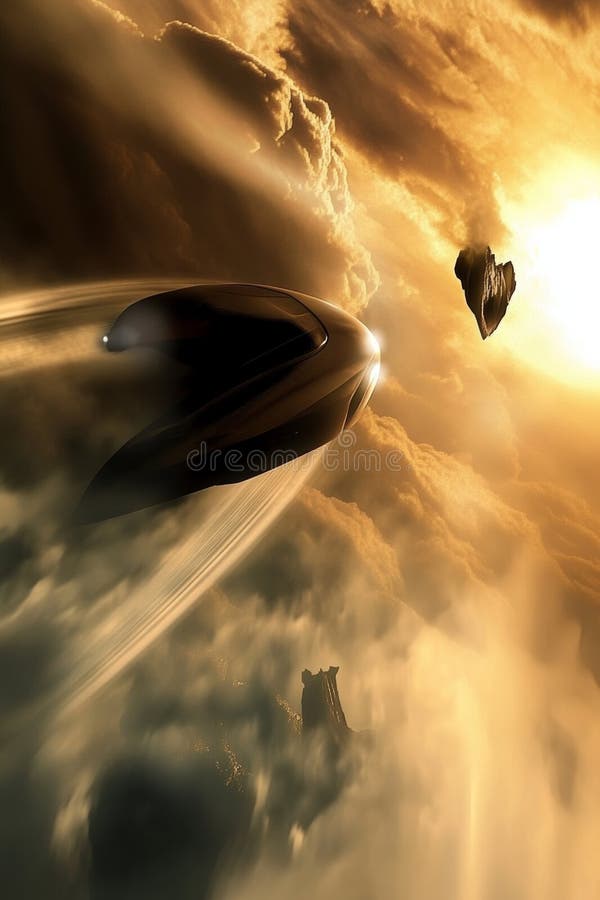 Spaceship Traveling through Clouds Towards a Bright Celestial Body in a ...