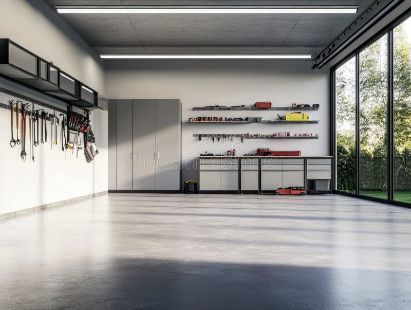 Modern Garage Workshop with Organized Tools and Skylights Stock ...