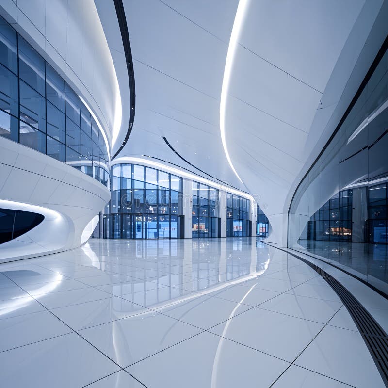 Sleek, Spacious Modern Interior with Curved Lines and Large Windows ...