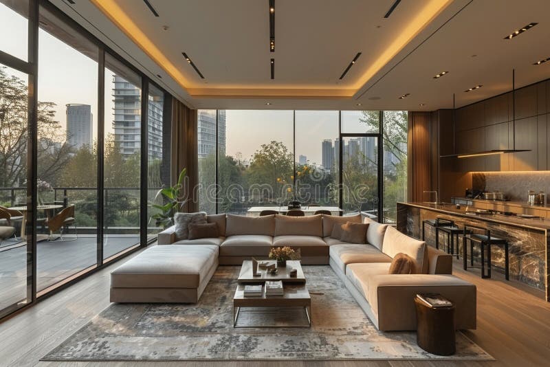 Sleek and Spacious Open-plan Living Area with Floor-to-ceiling Windows Stock Image - Image of ...