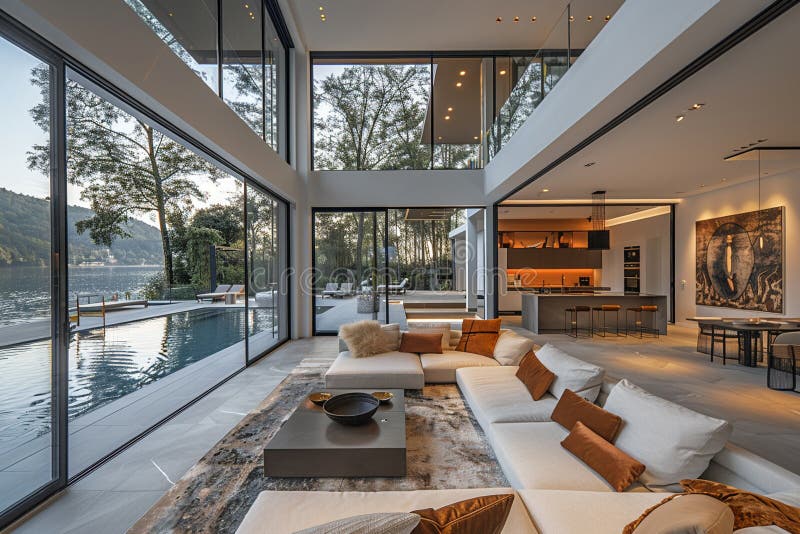 Sleek and Spacious Open-plan Living Area with Floor-to-ceiling Windows ...
