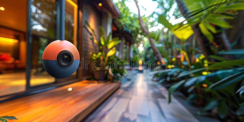 Sleek Spherical Security Camera Mounted in a Lush Tropical Garden ...