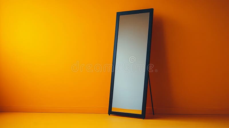 Sleek Standing Mirror Against a Vibrant Orange Backdrop. Stock Photo ...