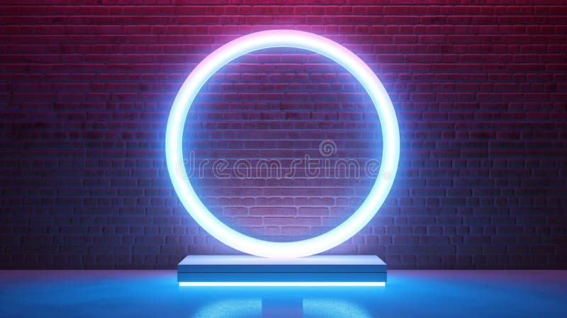 Sleek Standing White Circle Neon Light with Backdrop Stock Illustration ...