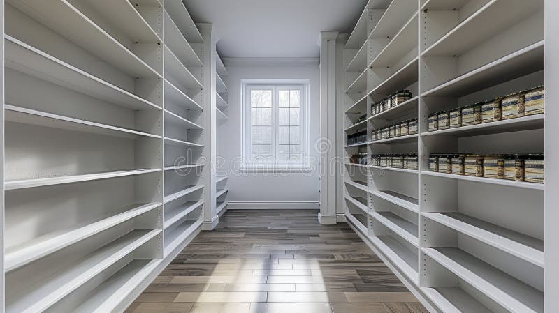 Sleek Storage - Empty Pantry Interior with White Shelves and Dark Wood ...
