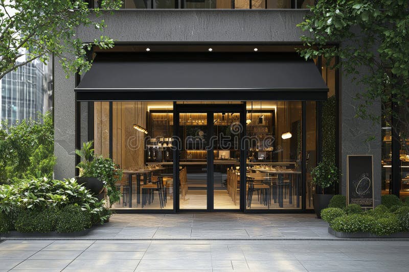 A Sleek Storefront with a Black Awning and Glass Doors, Perfect for ...