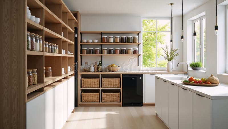 A Sleek Stylish Kitchen Pantry Featuring Organized Shelves Woven ...