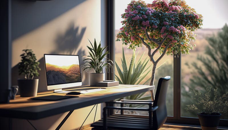 Sleek and Stylish Modern Home Office with Plants and a Tree, Generative ...