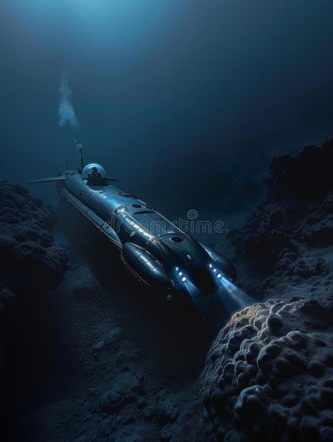 Sleek Submarine Gliding through the Deep Blue Ocean with Illuminated ...