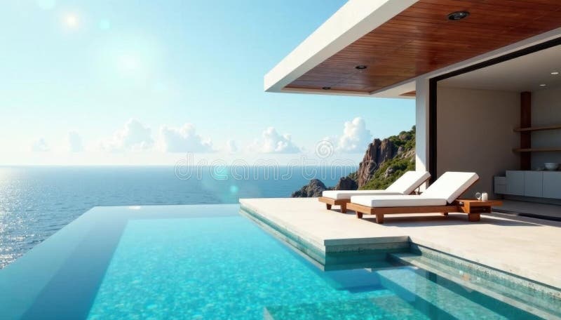 Sleek Sunbed beside Infinity Pool, Chic Hotel Interior , Sunbathing ...