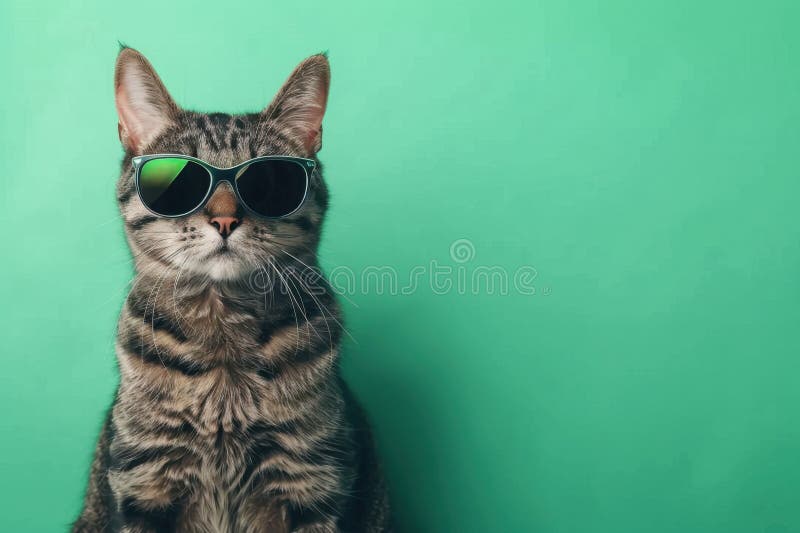 Cool Cat Wearing Sunglasses in Front of Green Background Stock Image ...