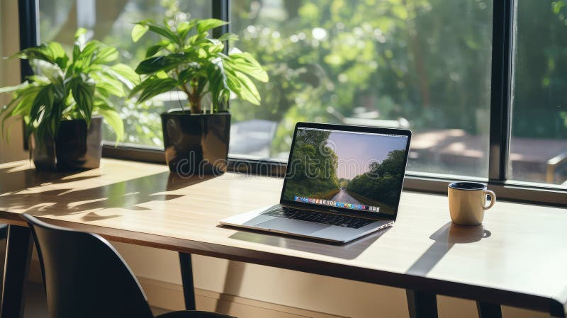 Sleek table with laptop stock illustration. Illustration of aesthetic ...