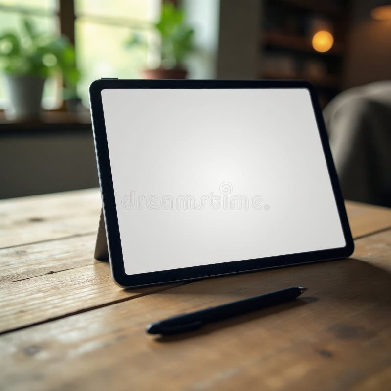 Sleek Tablet, Blank Screen, Rustic Wood Table , Surface, Empty ...