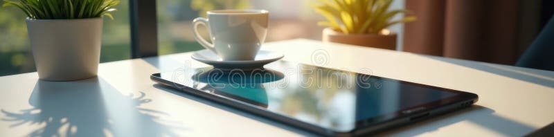 Sleek Tablet Coffee on Minimalist Workspace , Modern, Laptop ...