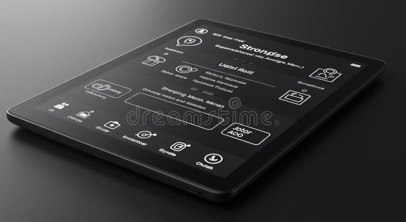 A Sleek Tablet Device Features a Monochrome Interface with Icons and ...