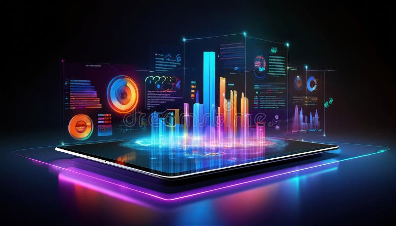 Sleek Tablet Displaying Vibrant Glowing Diagrams Projecting into Air, Showcasing Data ...