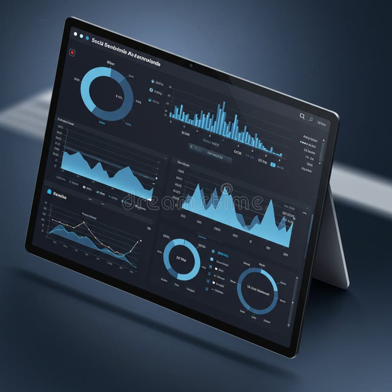 A Sleek Tablet Displays a Dark-themed Analytical Dashboard with Various ...