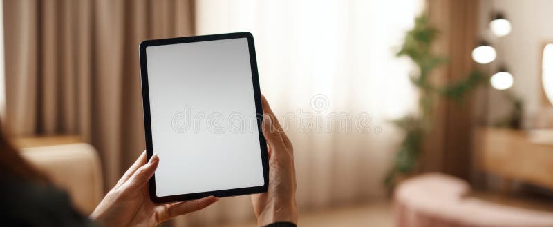 The Sleek Tablet Held in Hands Against a Modern Home Interior Backdrop ...