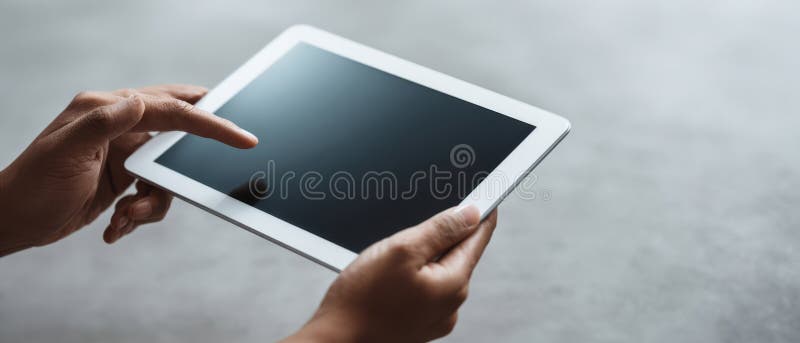The Sleek Tablet Held between Hands Ready for Interaction and ...