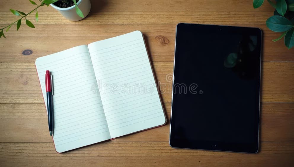 Sleek Tablet beside Lined Notepad, Wood Backdrop, Clean, Organization ...