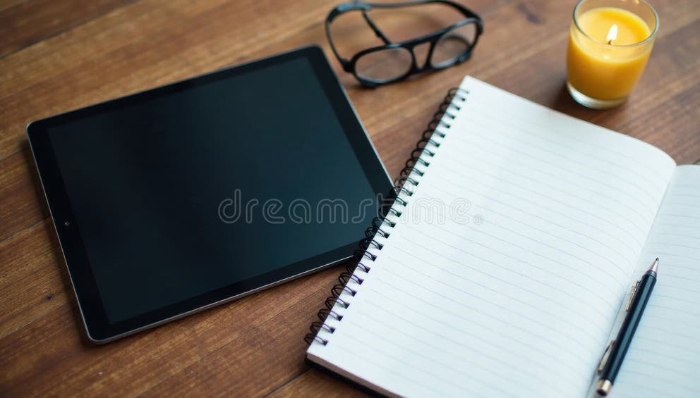 Sleek Tablet beside Lined Notepad, Wood Backdrop, Paper, Notes Stock ...