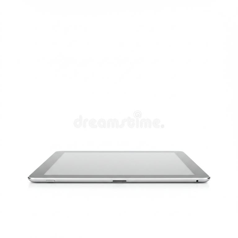 A Sleek Tablet, Viewed from the Side, Lies Flat on a Reflective Surface ...