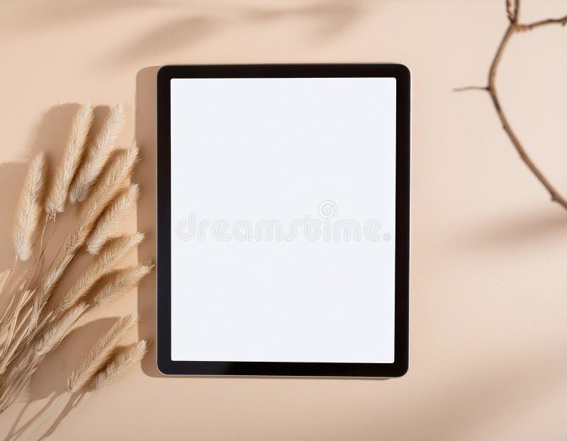 White Screen Tablet on Beige Surface Stock Illustration - Illustration ...